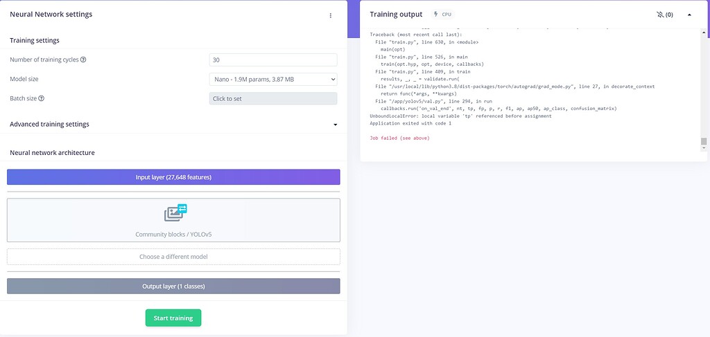 Error occured when trying to train yolov5 model - Report bugs - Edge Impulse Forum