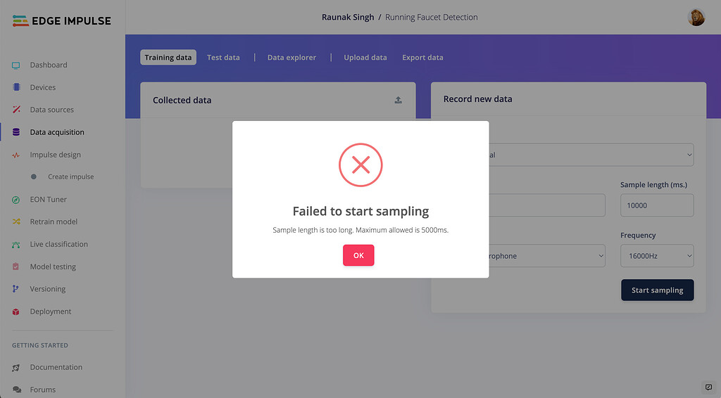 Sample length is too long. Maximum allowed is 5000ms - Edge Impulse Forum