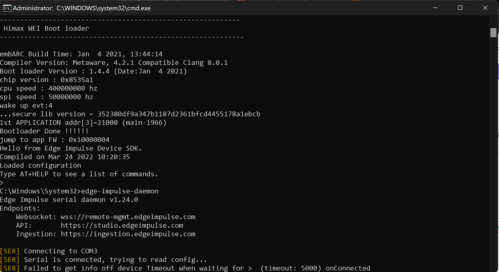 Himax WE-I Plus [SER] Failed to get info off device Timeout when waiting for > (timeout: 5000 ...