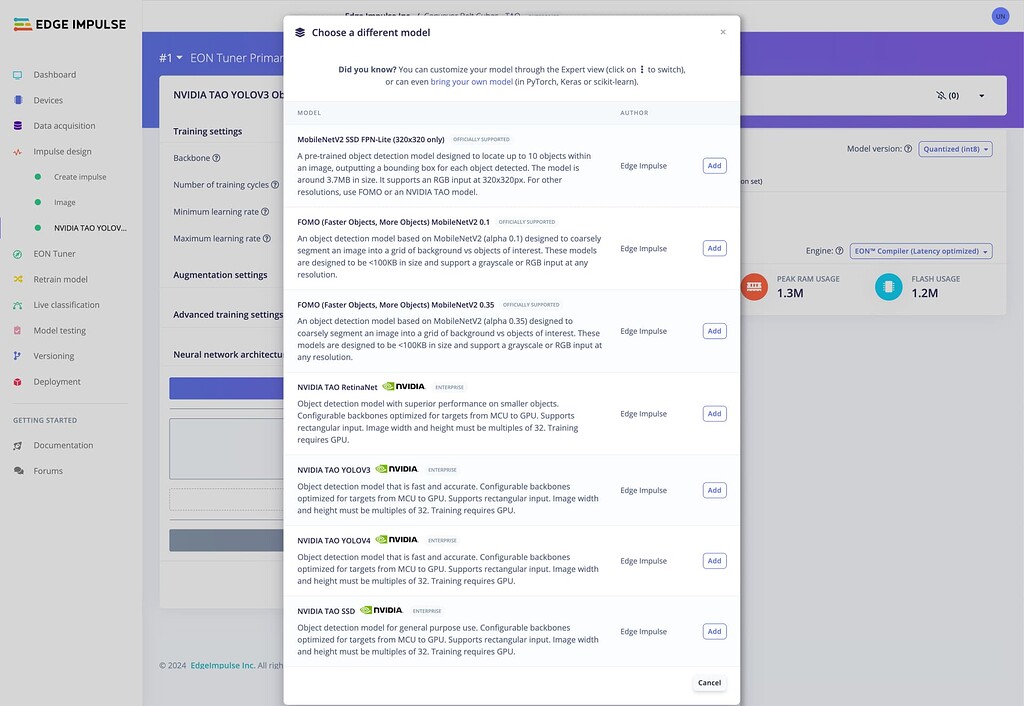 Running NVIDIA TAO models - Feature requests - Edge Impulse Forum